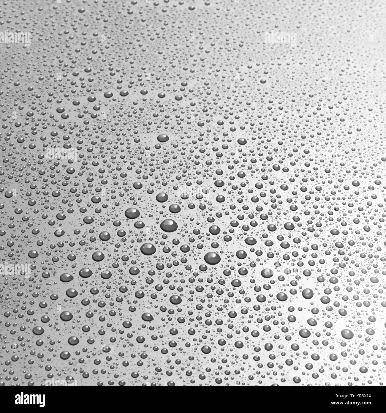 Gray surface covered with randomly sized water droplets as full frame ...