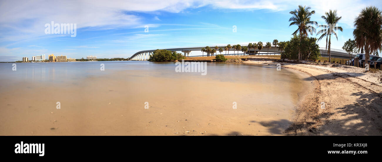 View from the beach of Sanibel Causeway bridge, which crosses San ...