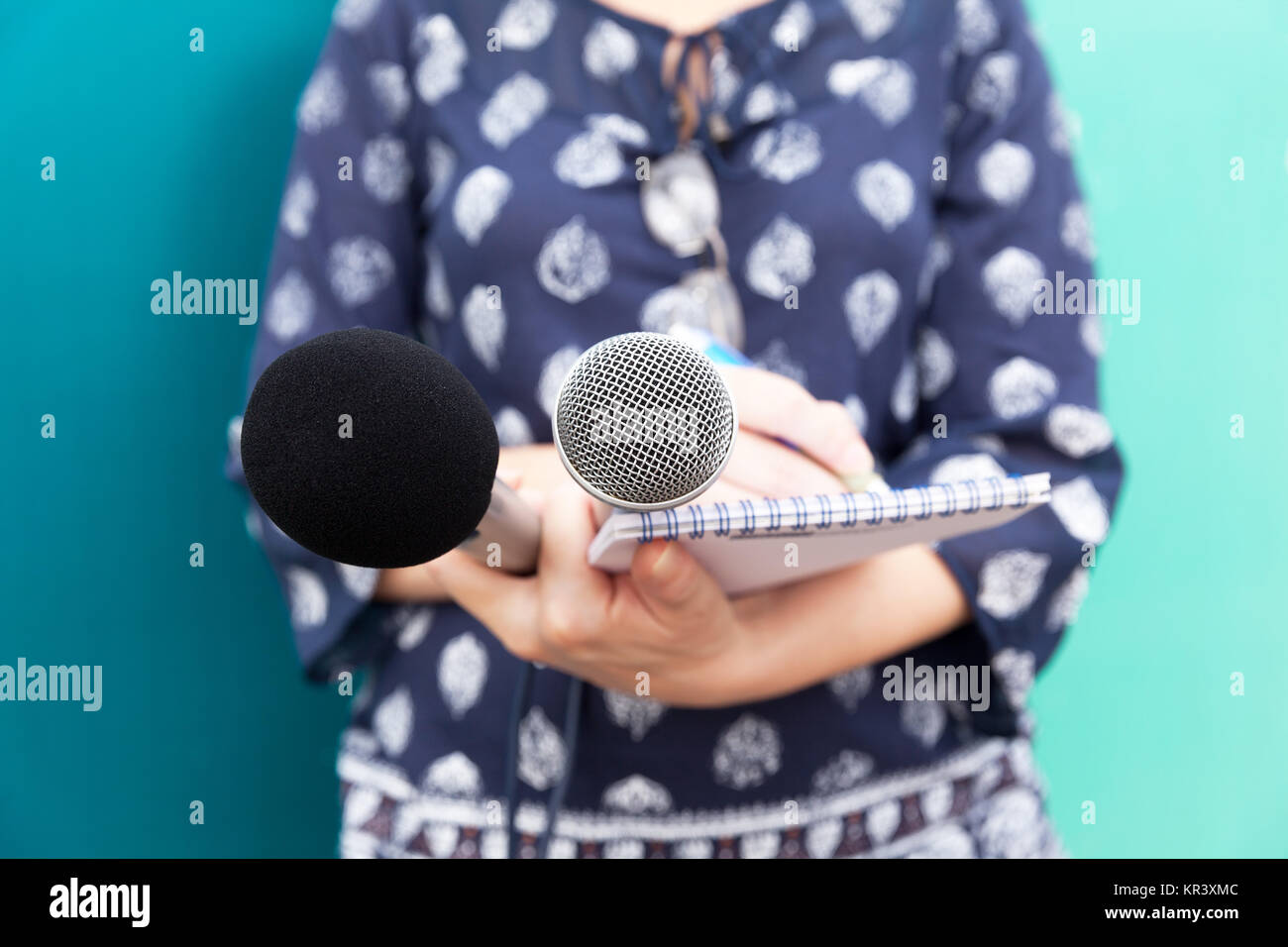 Female journalist or reporter at press conference, taking notes ...