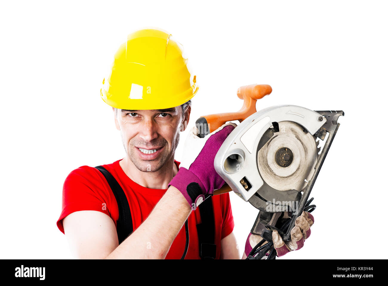 funny worker with circular hand saw in front of white background Stock ...