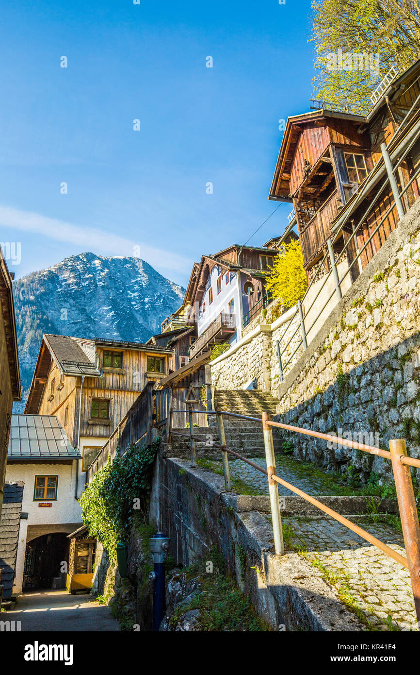 hallstatt town with traditional wooden houses Stock Photo - Alamy