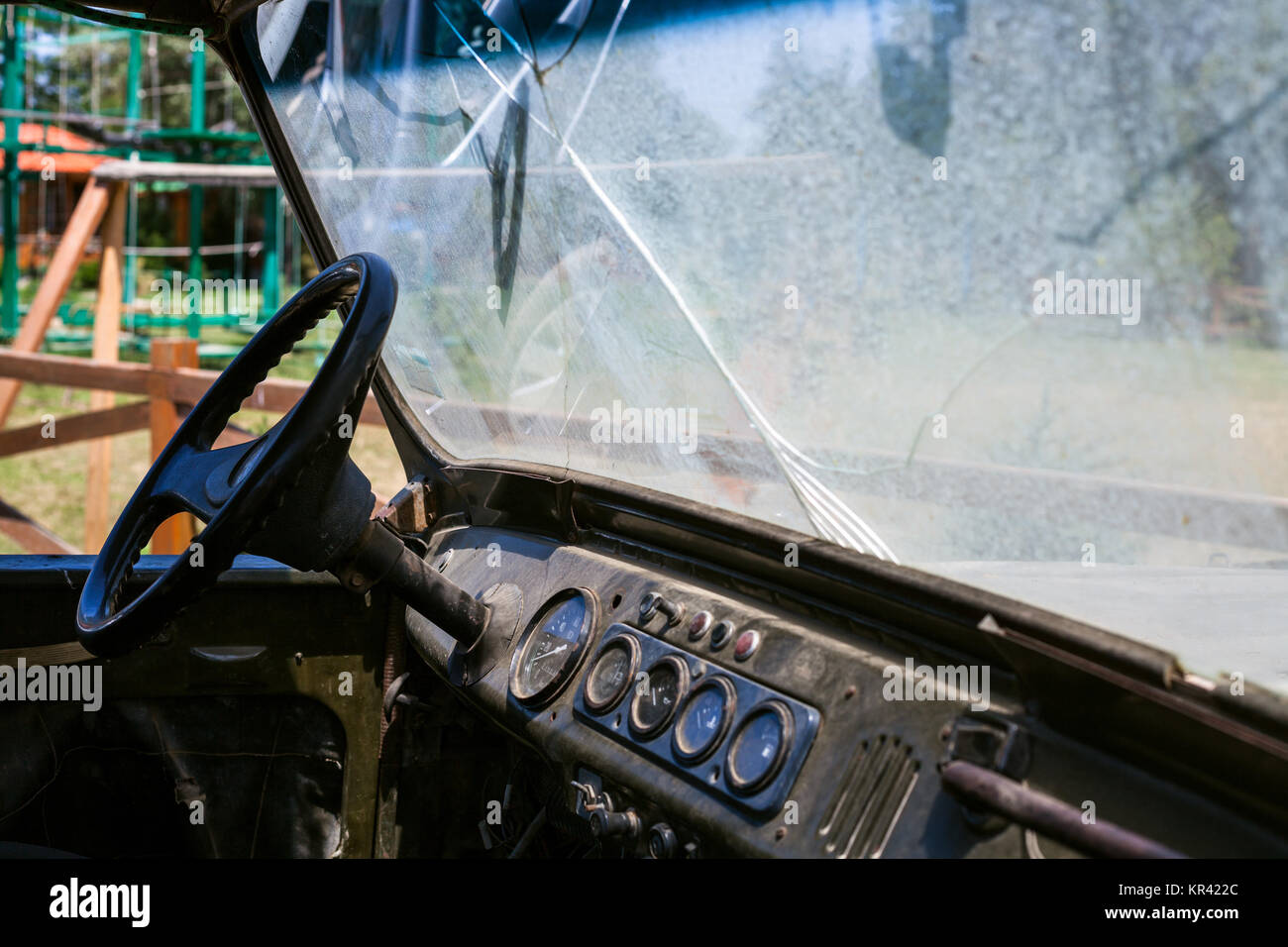 wheel and dashboard of old off-road vehicle Stock Photo - Alamy