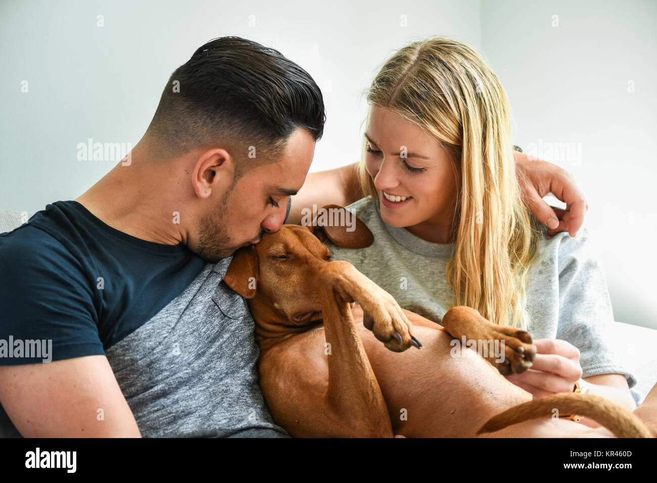 Close-up of man kissing dog with girlfriend Stock Photo - Alamy