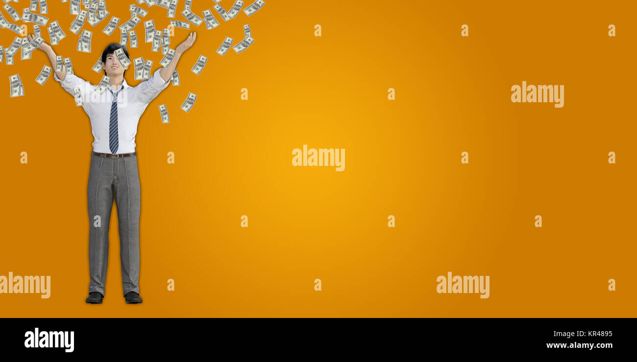 Asian Man Catching Money Falling From the Sky Stock Photo - Alamy