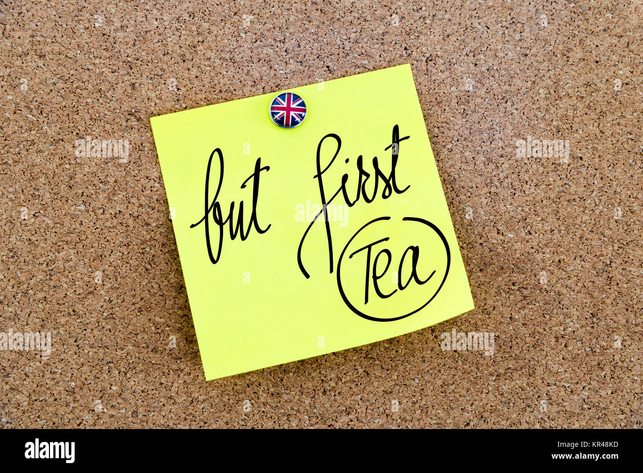 Yellow paper note pinned with Great Britain flag thumbtack and text But ...
