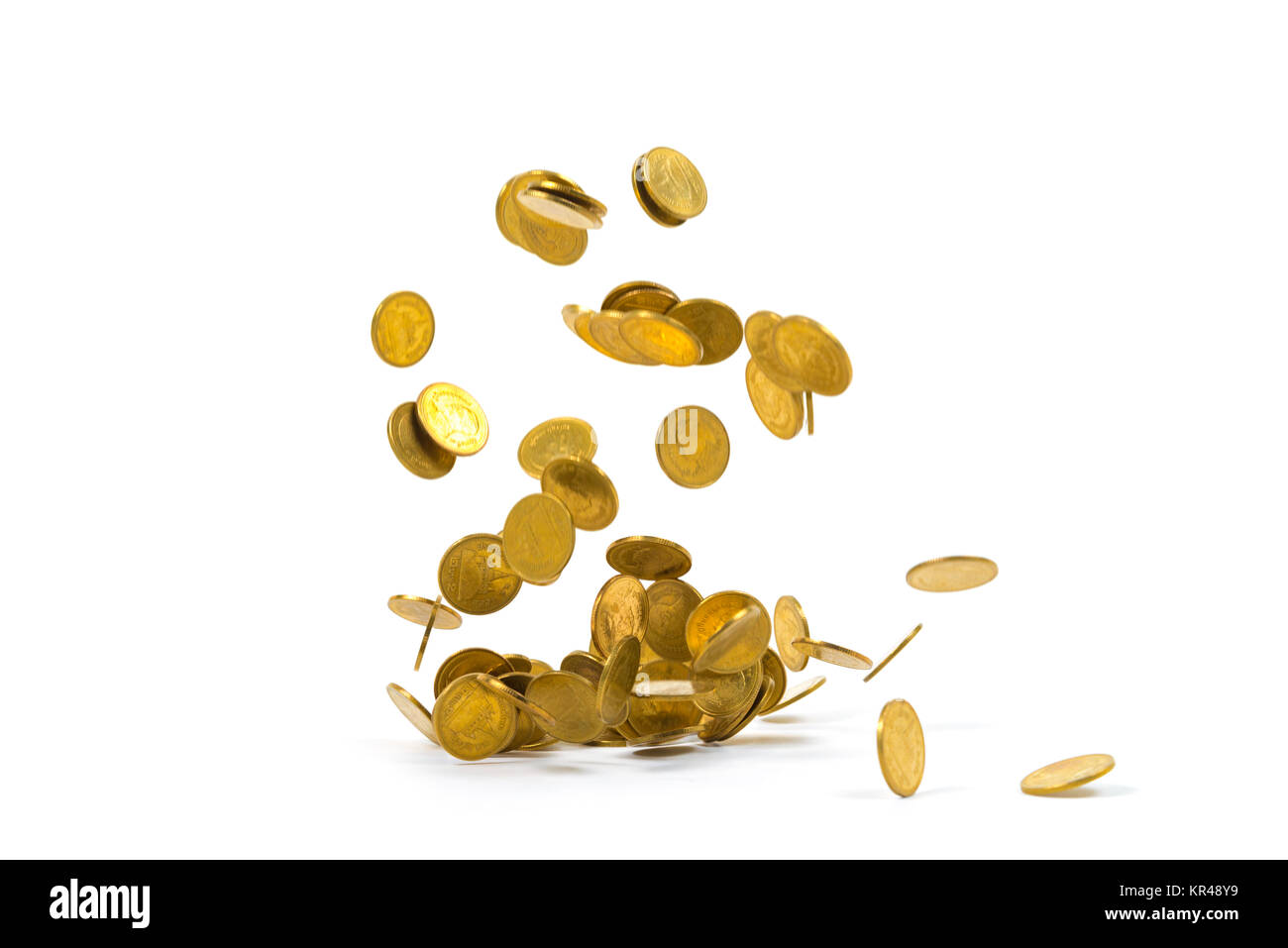 Falling gold coins money isolated on the white background, business ...