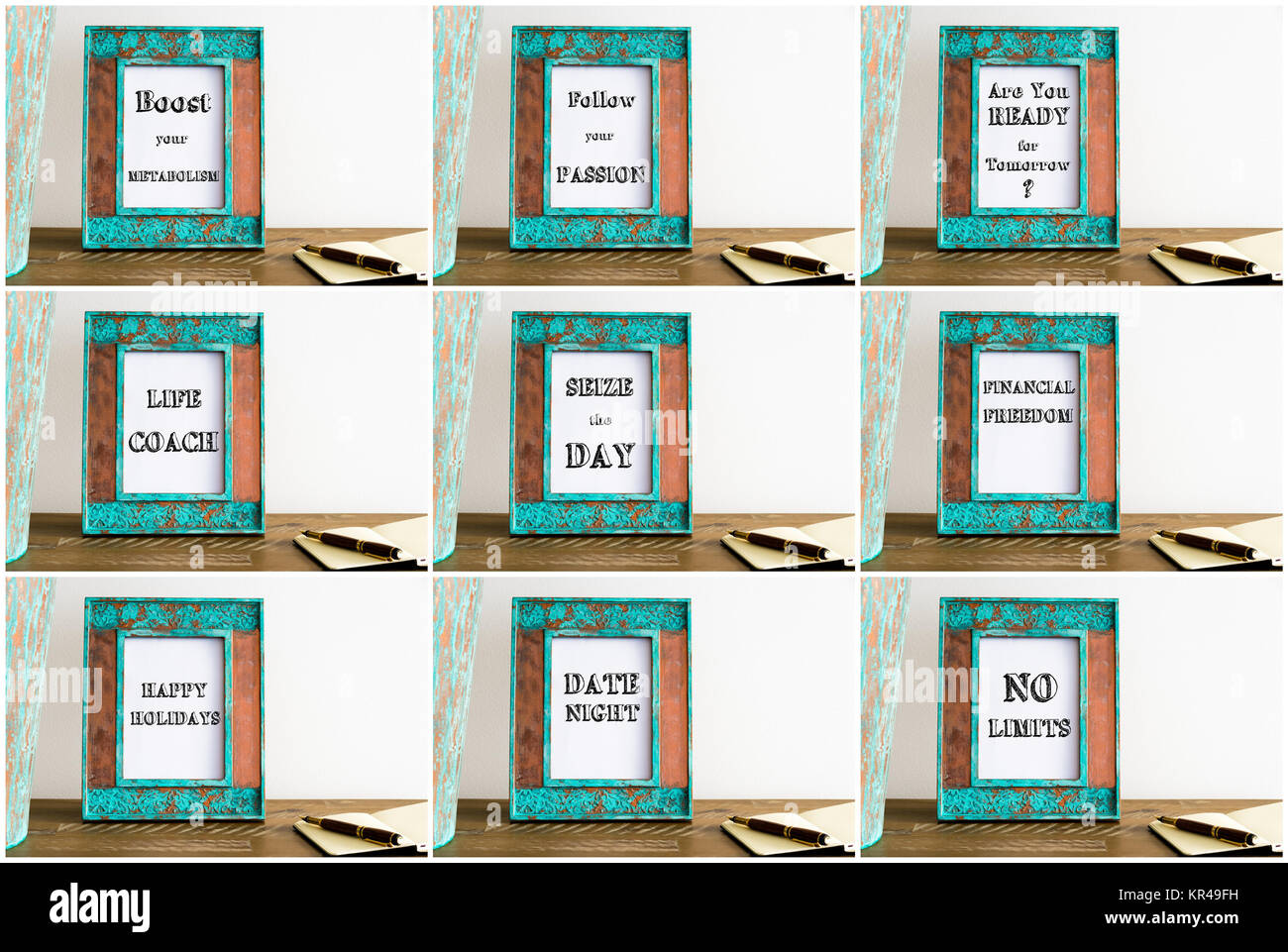 Collage of photo frames with various motivational texts Stock Photo - Alamy