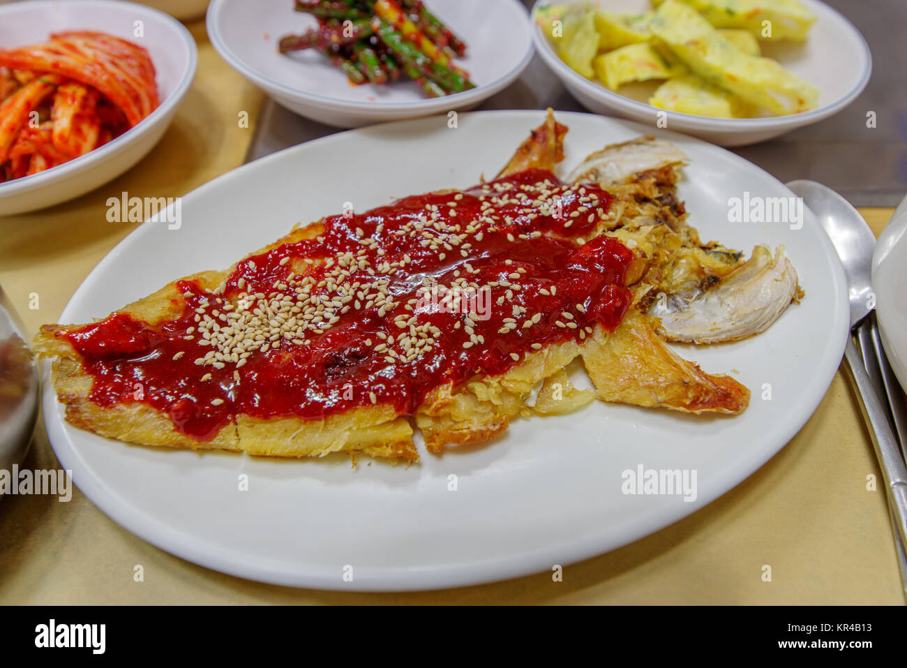 Korean tradional fodd Grilled dried fish HwangTae with Side dish, Korea ...