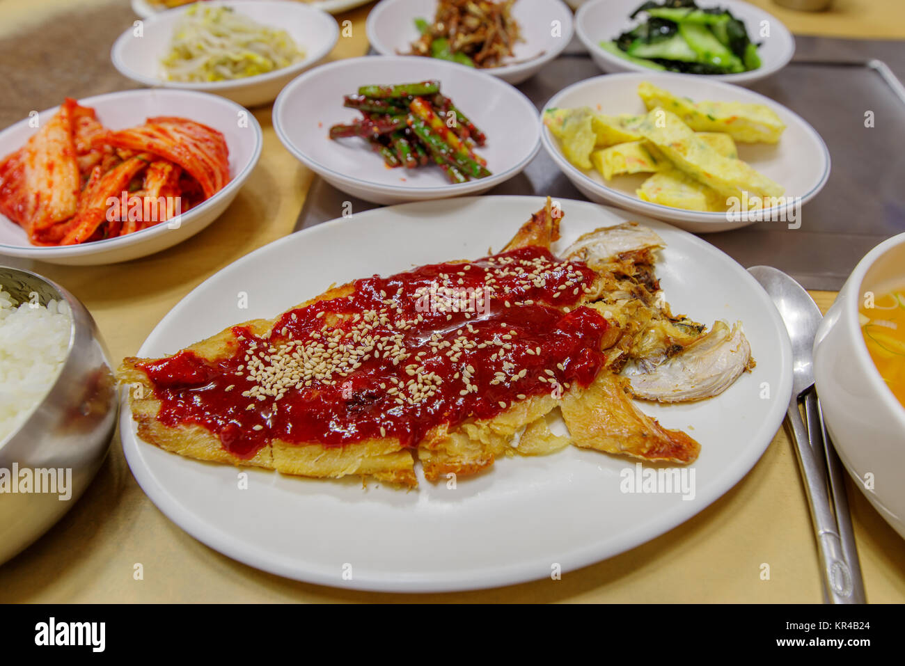 Korean tradional fodd Grilled dried fish HwangTae with Side dish, Korea ...