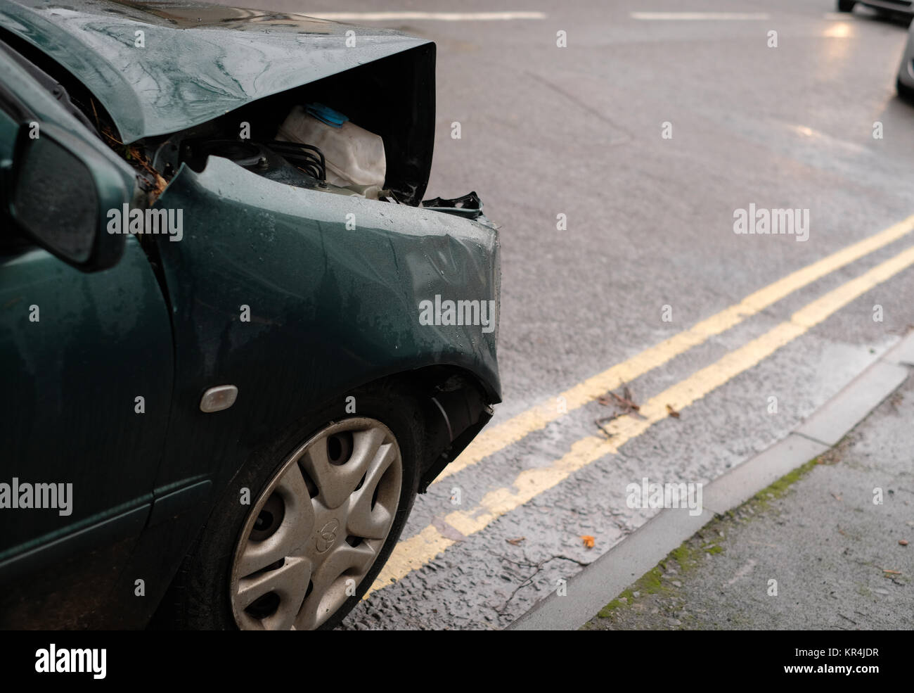 December 2017 - Tree 1 - Car 0, Old green car damaged where it ran into ...