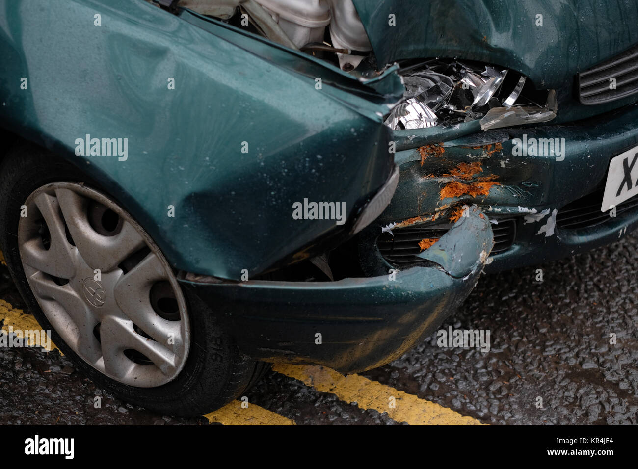 December 2017 - Tree 1 - Car 0, Old green car damaged where it ran into ...