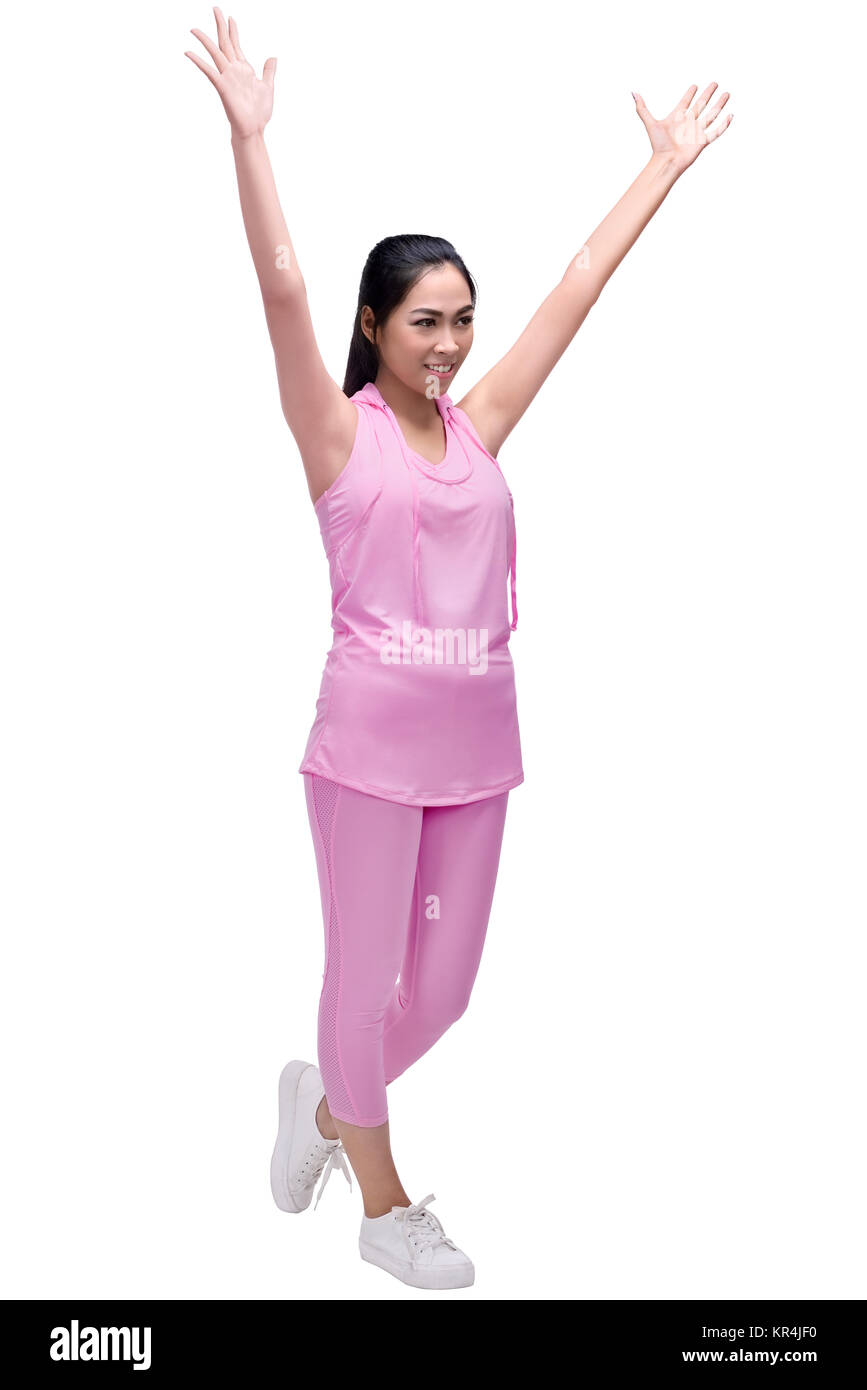 Portrait of asian runner woman with joyful expression posing isolated ...