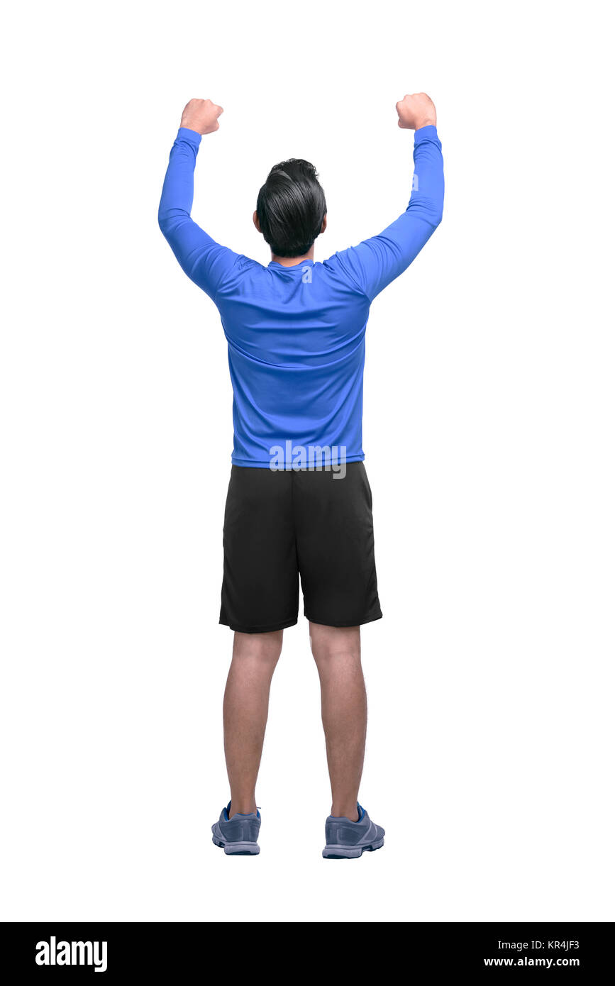 Back view of asian runner man posing with raised arms isolated over ...