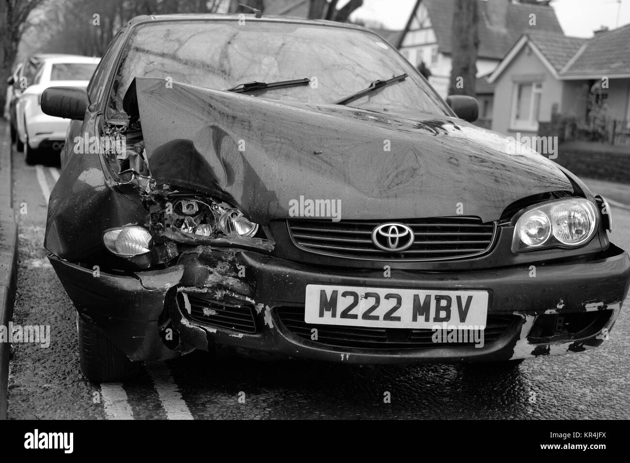 December 2017 - Tree 1 - Car 0, Old green car damaged where it ran into ...