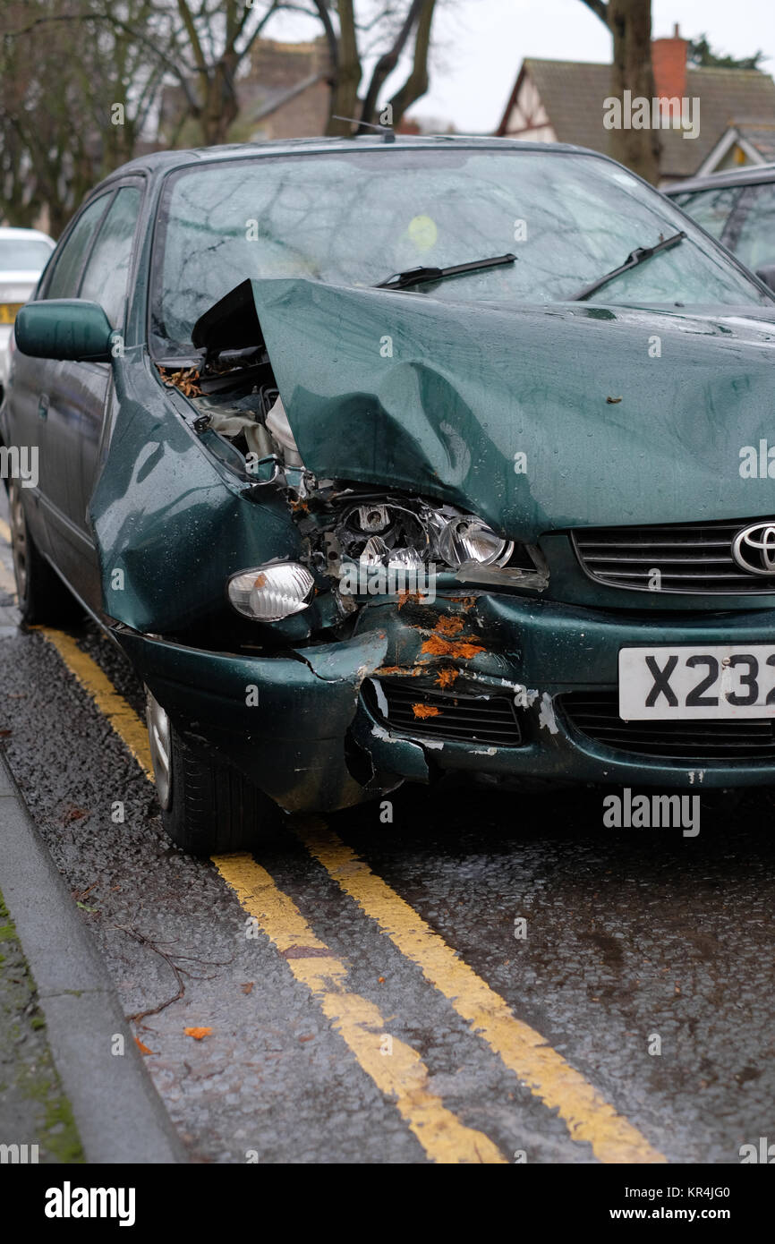 December 2017 - Tree 1 - Car 0, Old green car damaged where it ran into ...
