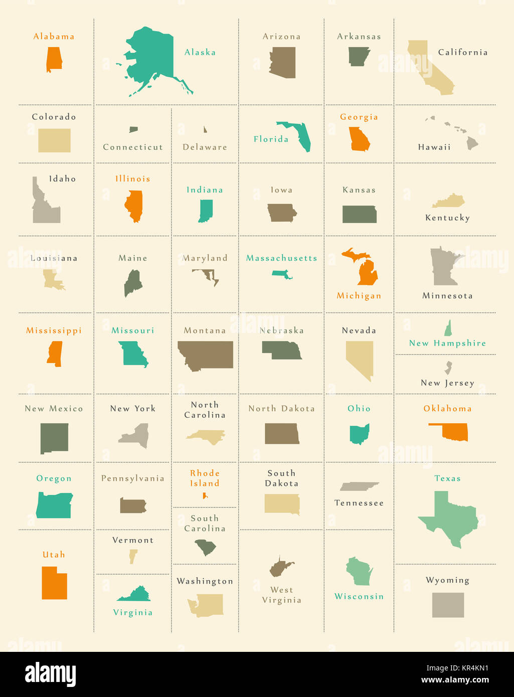 USA all federal states overview colored Stock Photo - Alamy
