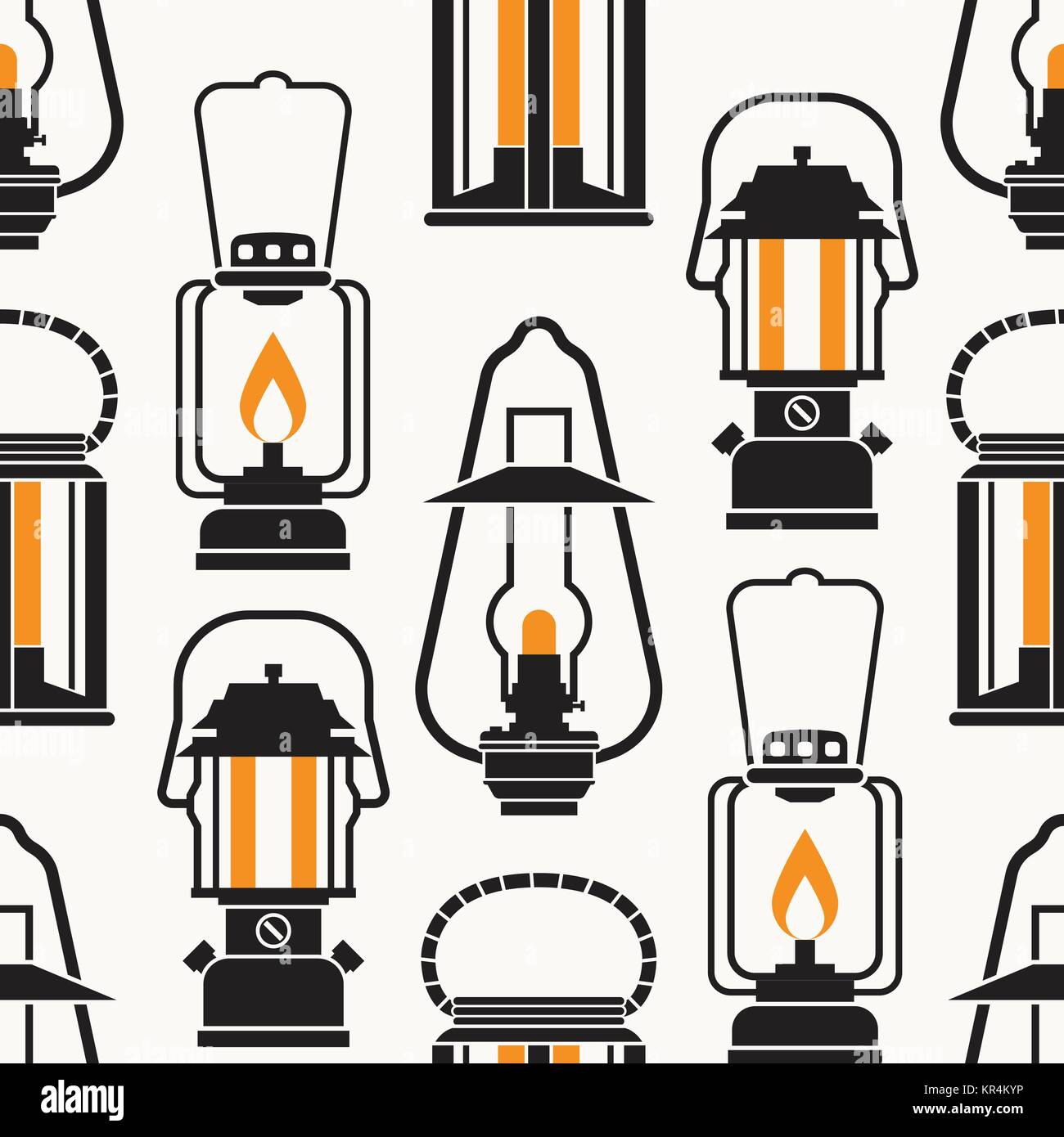 Vintage lanterns pattern in monochrome. Different oil lamps and retro ...