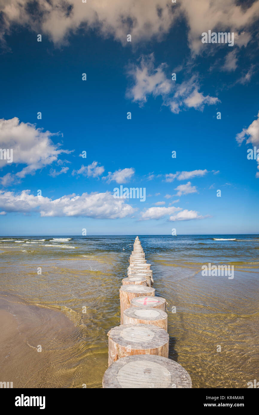 Wooden breakwaters on sandy Leba beach in late afternoon, Baltic Sea ...