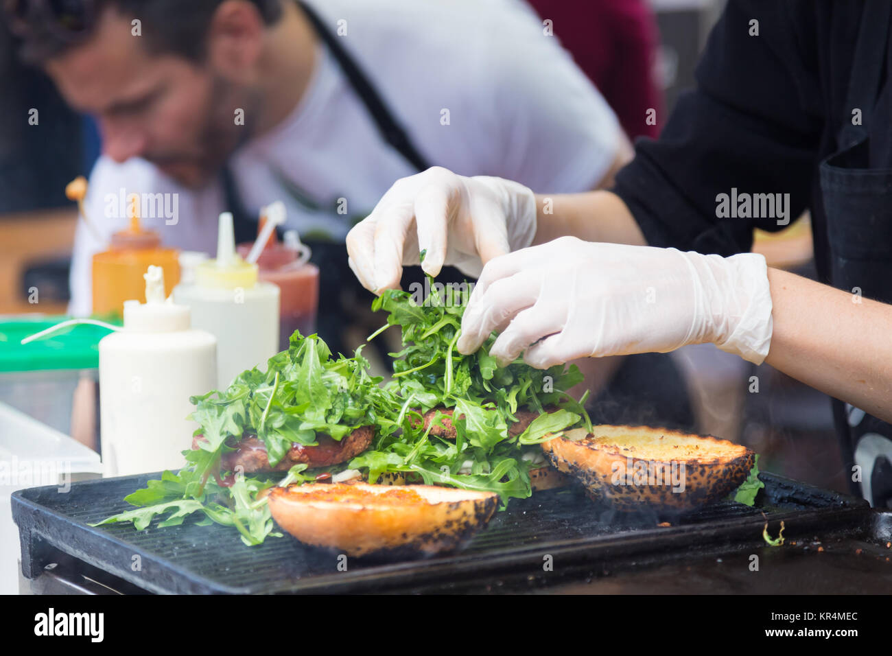 Beef burgers ready to serve on food stall Stock Photo - Alamy