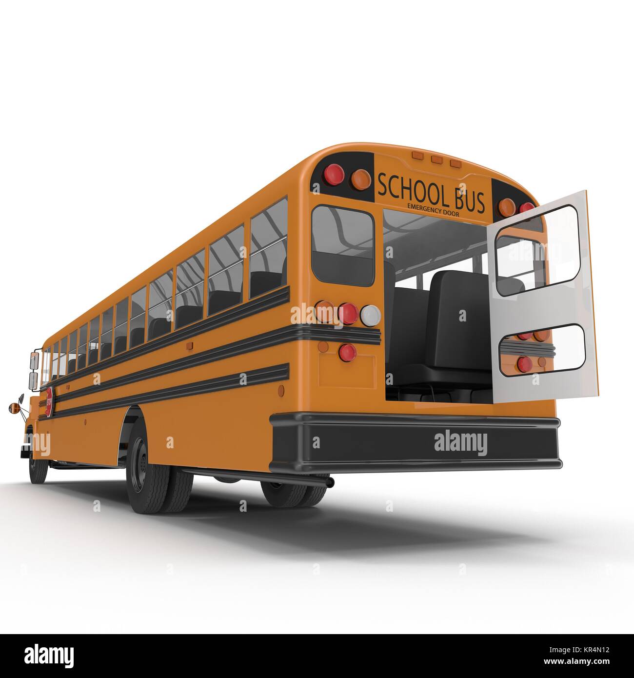 yellow school bus on white. Back door opened. 3D illustration Stock ...
