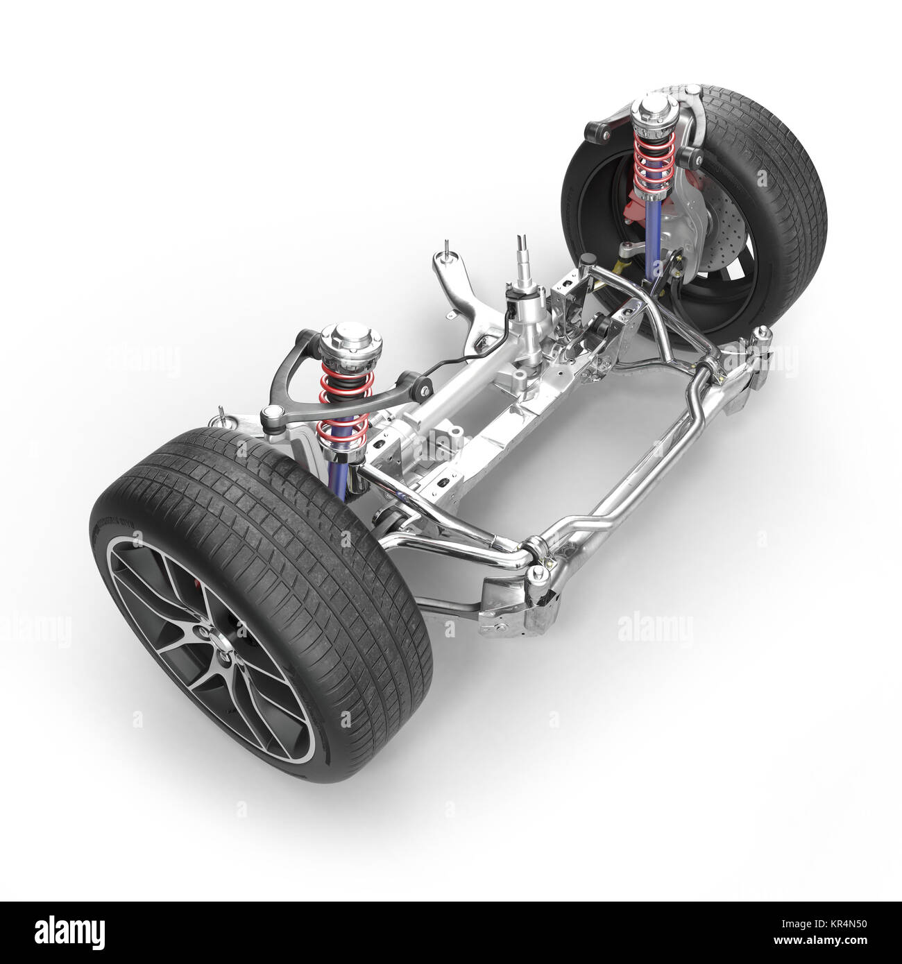 Sedan front suspension with new tire on white. 3D illustration Stock ...