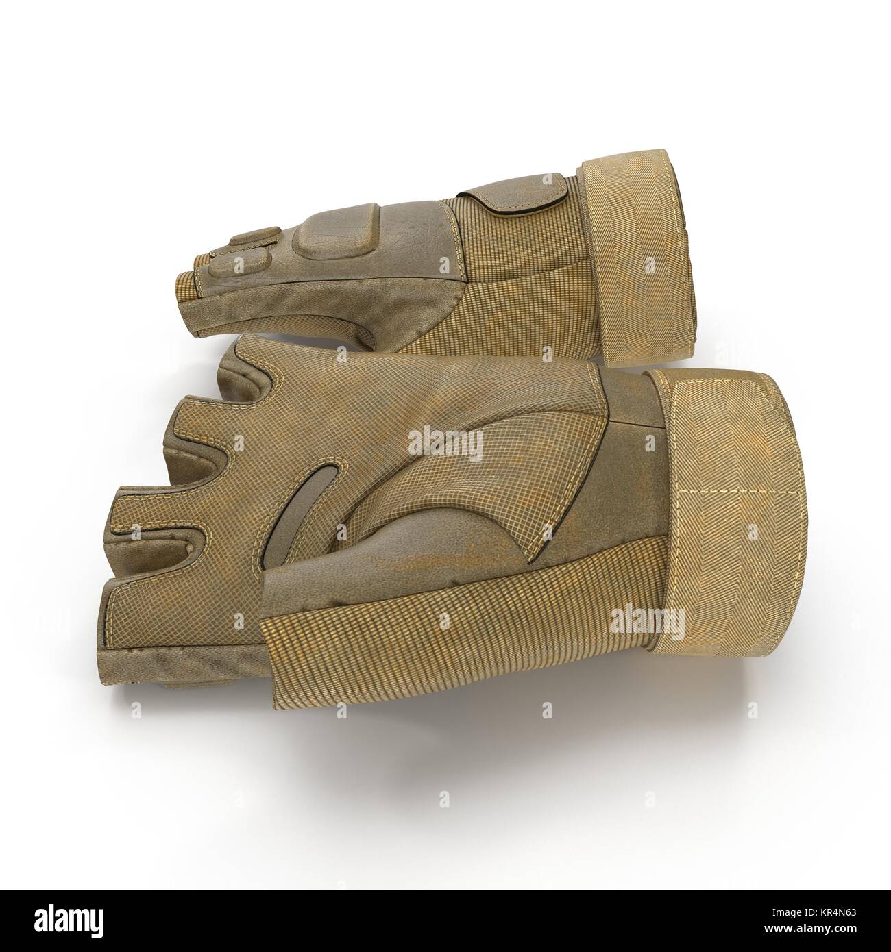 Side view of soldier gloves from yellow fabric on white. 3D ...