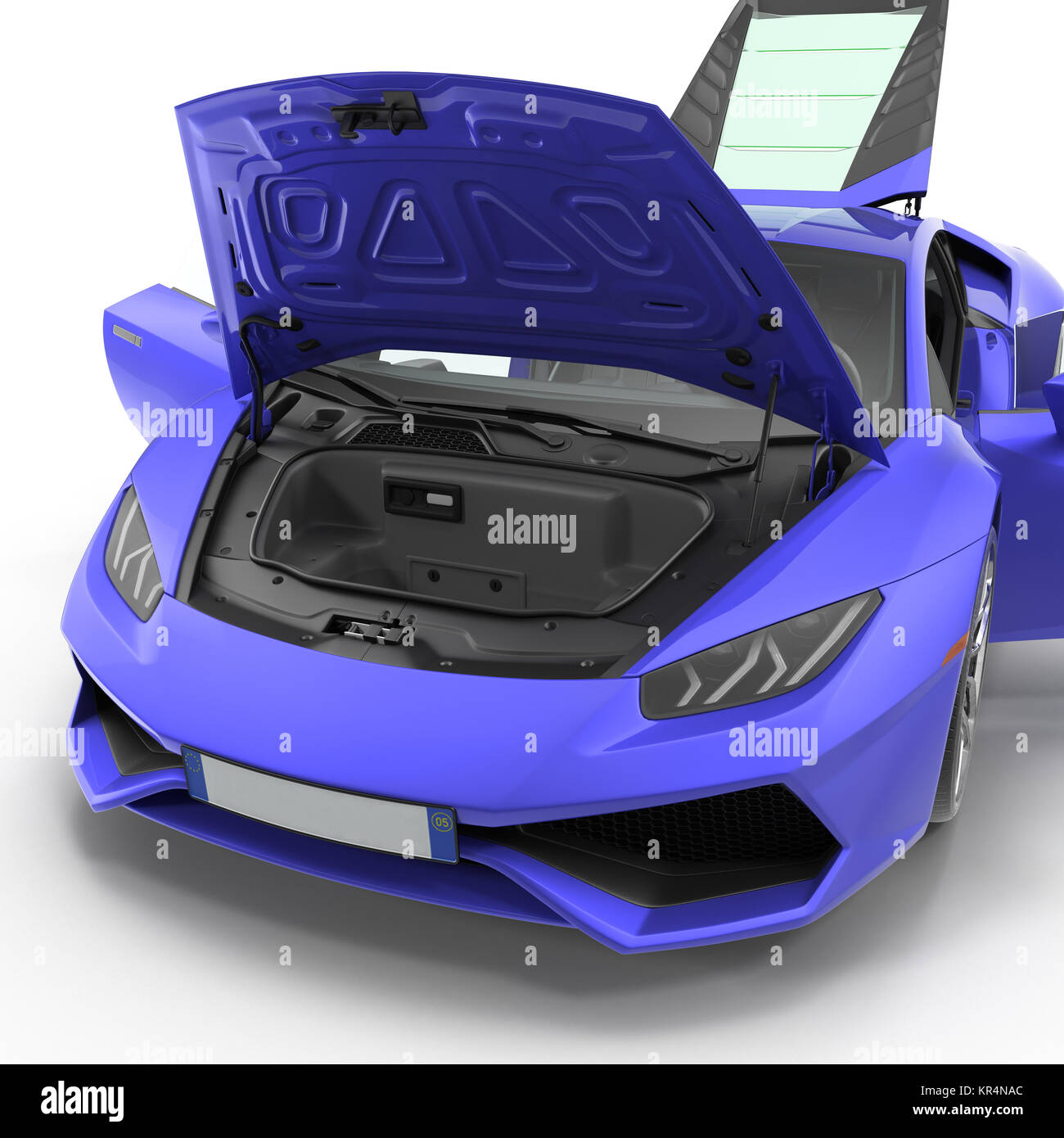 Blue supercar with open baggage hood isolated on white. Doors opened ...