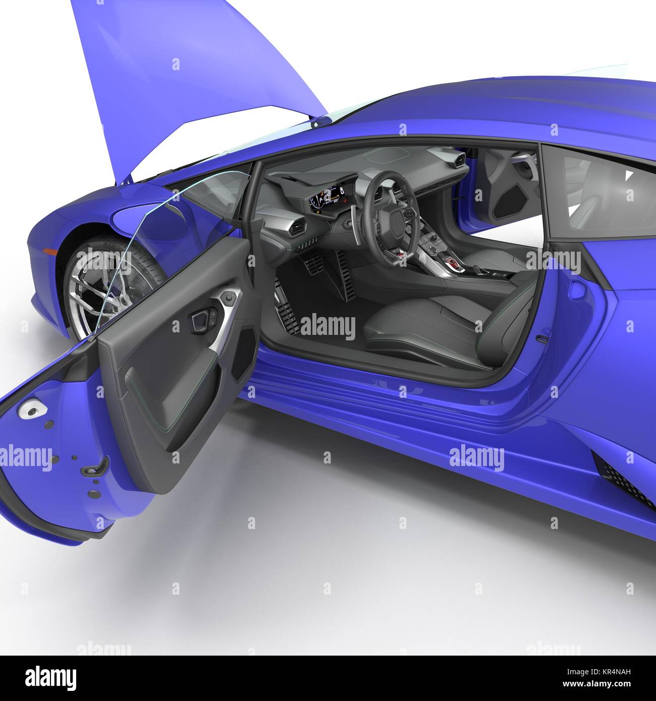 Blue modern supercar interior isolated on white. Doors opened. 3D ...