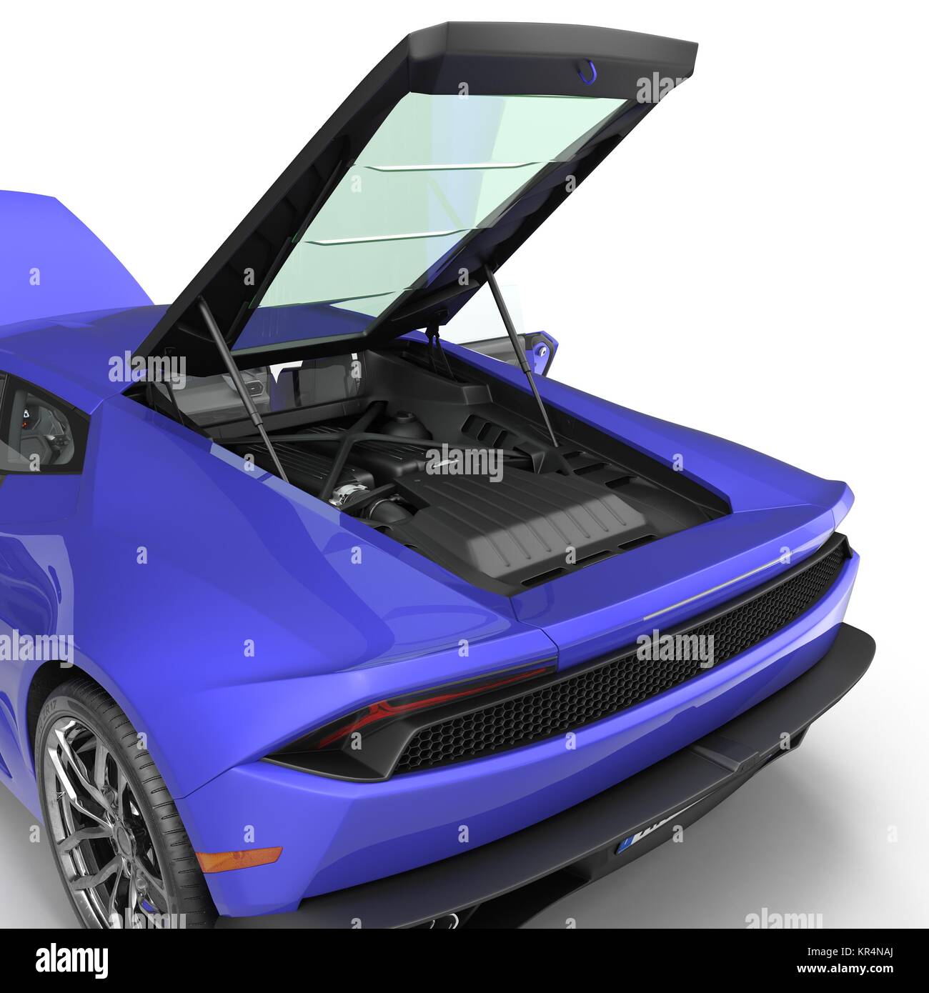 Blue modern supercar with open hood. V8 engine isolated on white. 3D ...