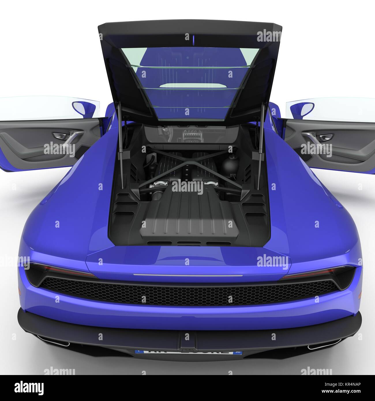 Blue modern supercar with open hood. V8 engine isolated on white. 3D ...