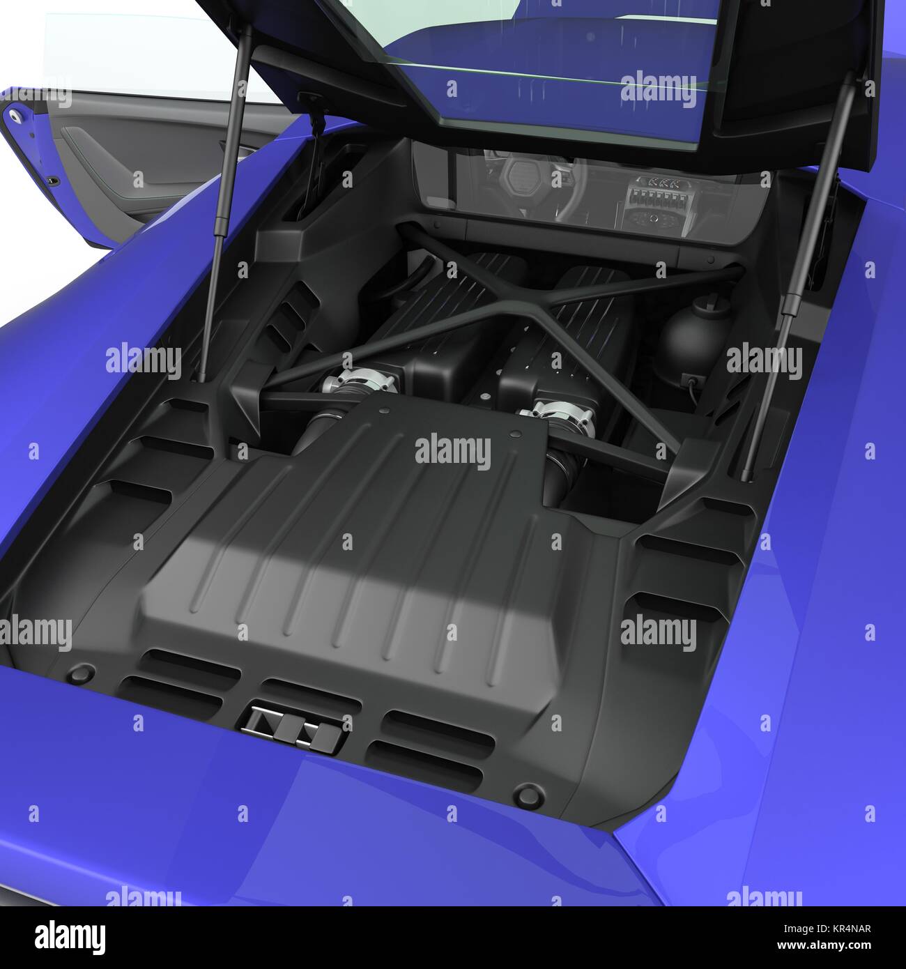 Blue modern supercar with open hood. V8 engine isolated on white. 3D ...