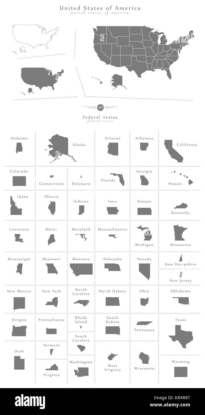 The entire country and federal states map set of the USA in grey Stock ...