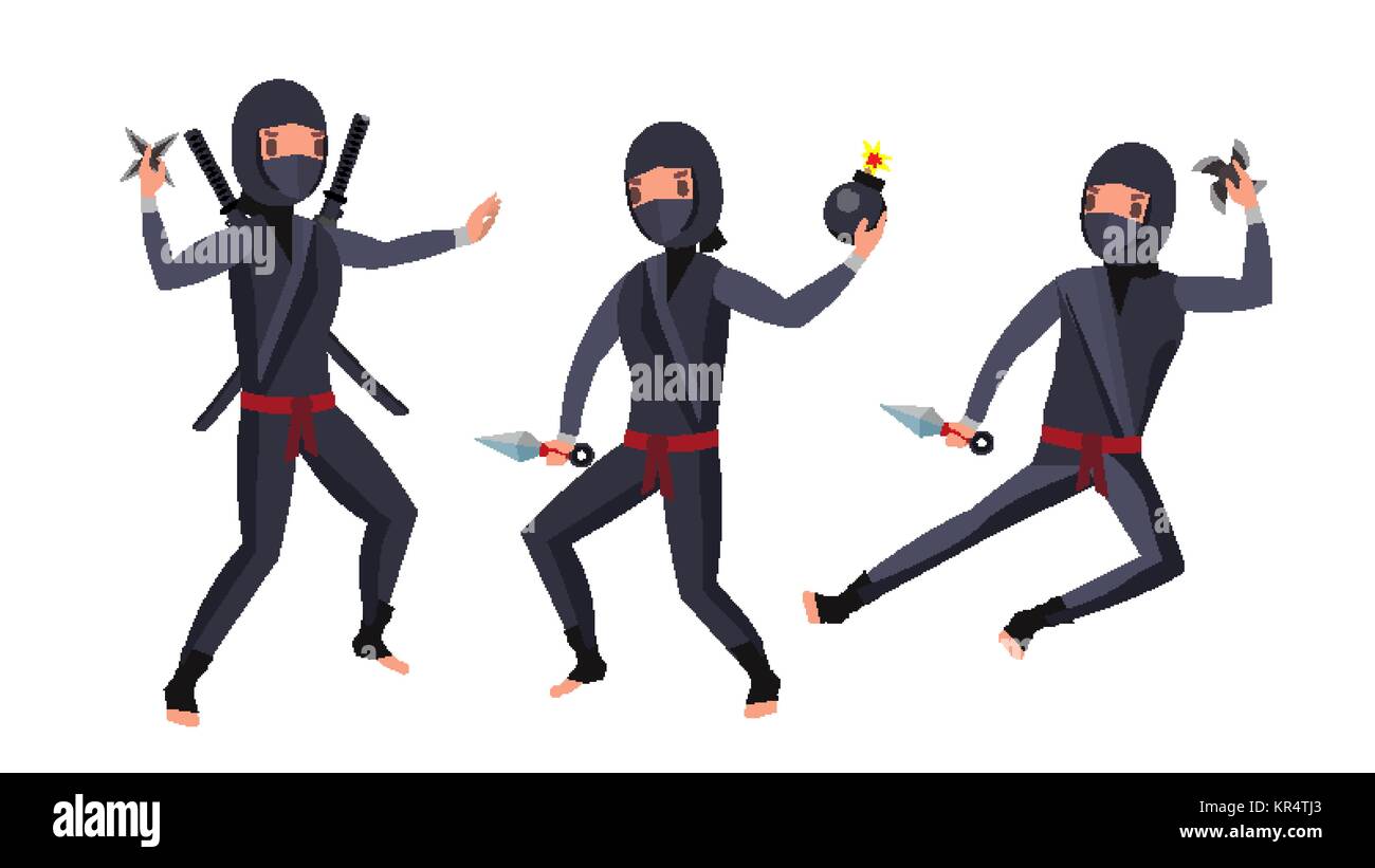Ninja Warrior Vector. Black Suit. Showing Different Actions With ...