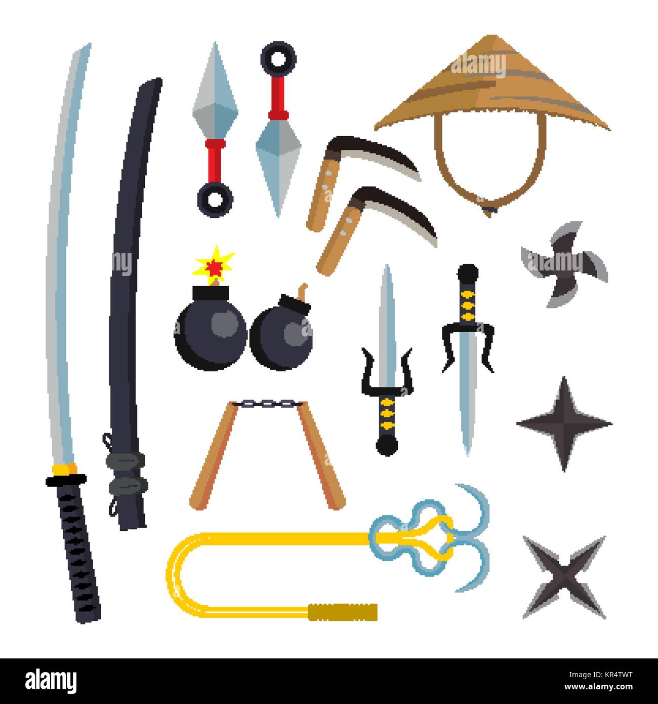 Ninja Weapons Set Vector Assassin Accessories Star Sword Sai Ninja Weapons Set Vector Assassin Accessories Star Sword Sai