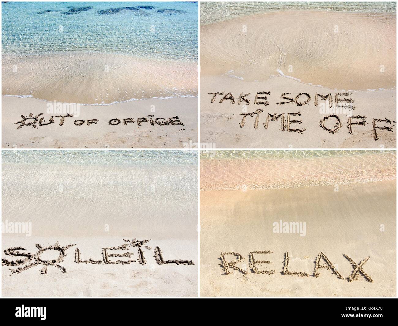 Collage of relaxation messages written on sand Stock Photo - Alamy