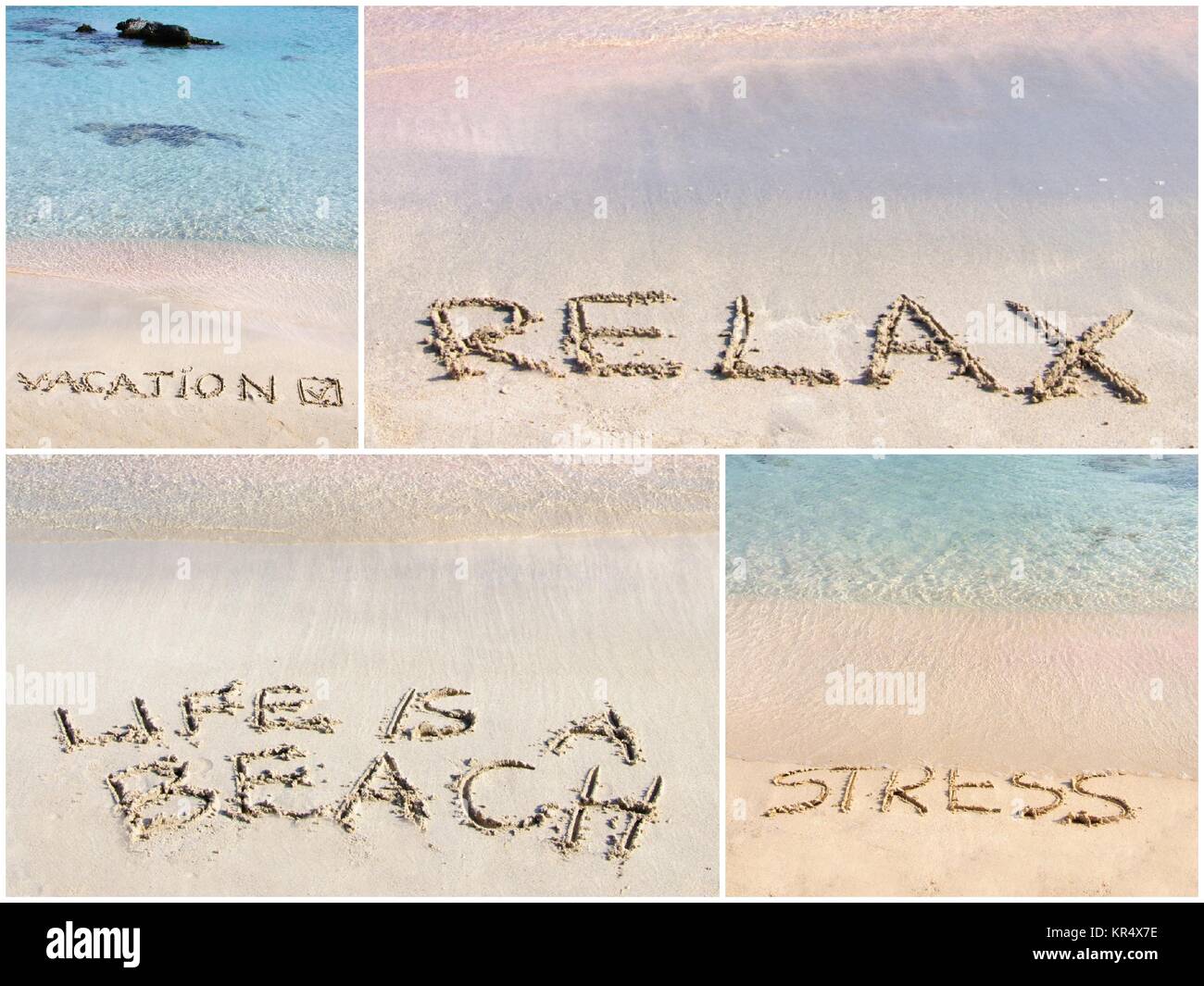 Collage of relaxation messages written on sand Stock Photo - Alamy