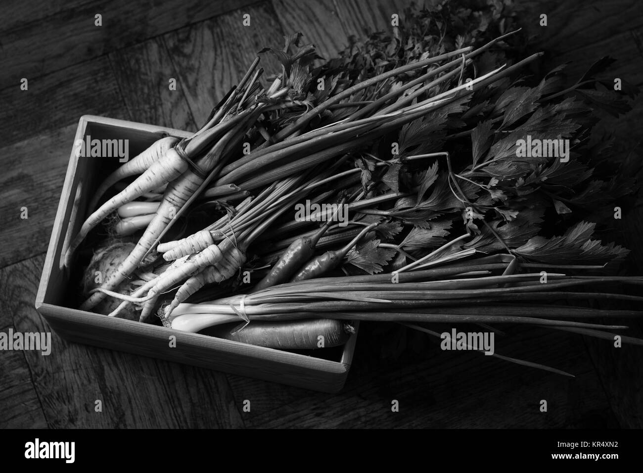 Vegetables boxes Black and White Stock Photos & Images - Alamy