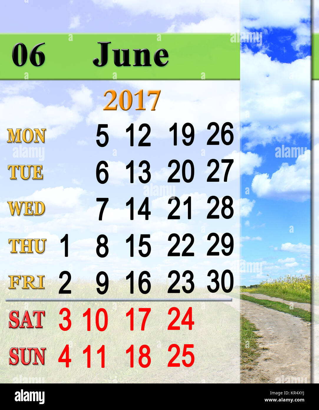 calendar for June 2017 with mountain river Stock Photo - Alamy