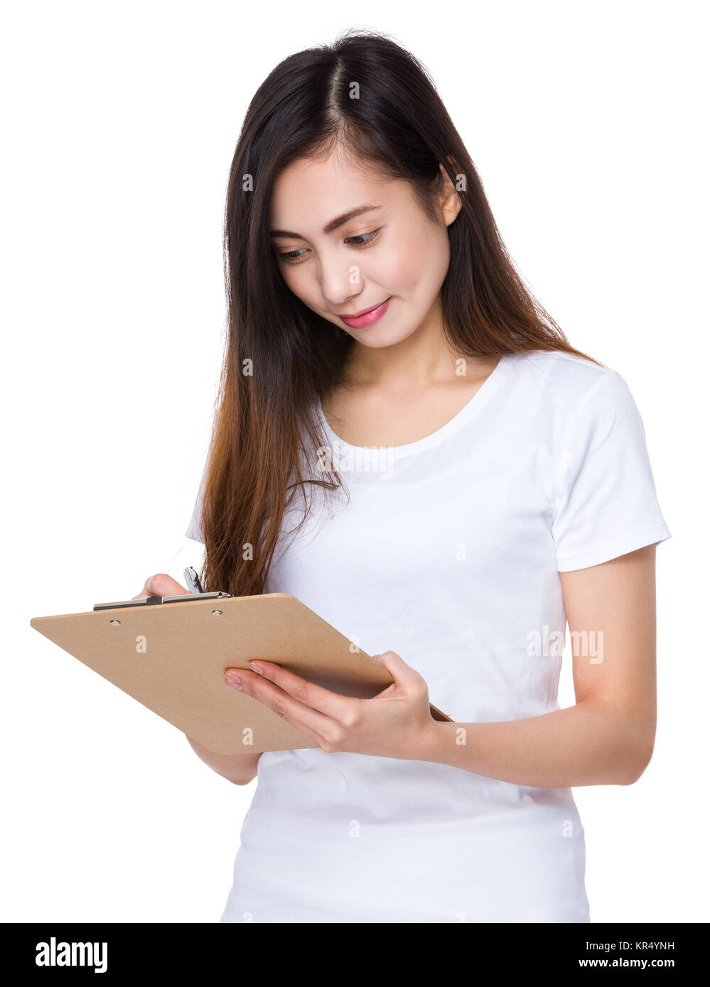 Young lady write on clipboard Stock Photo - Alamy