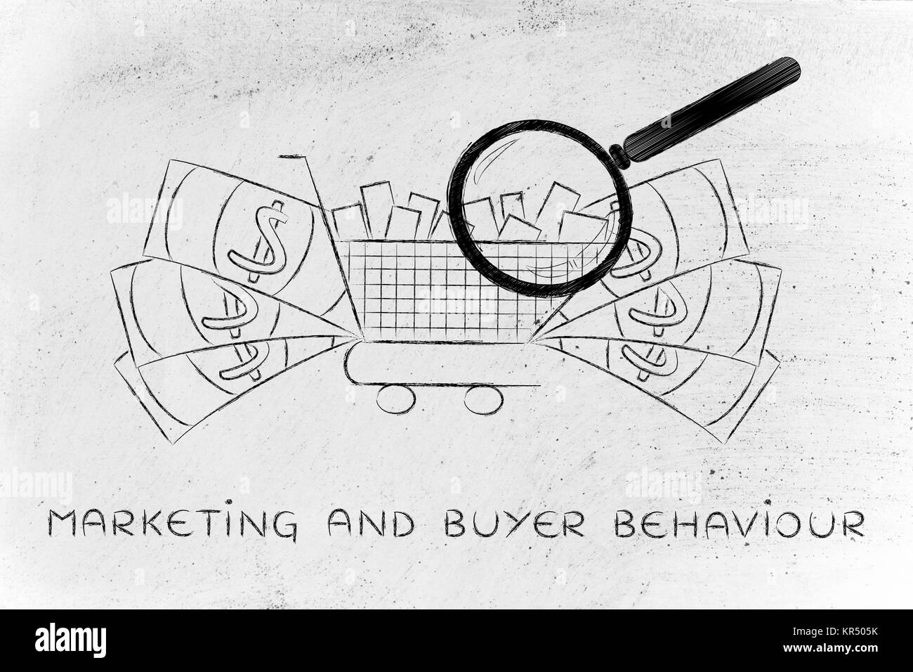 magnifying glass on shopping cart & big cash, market research Stock ...