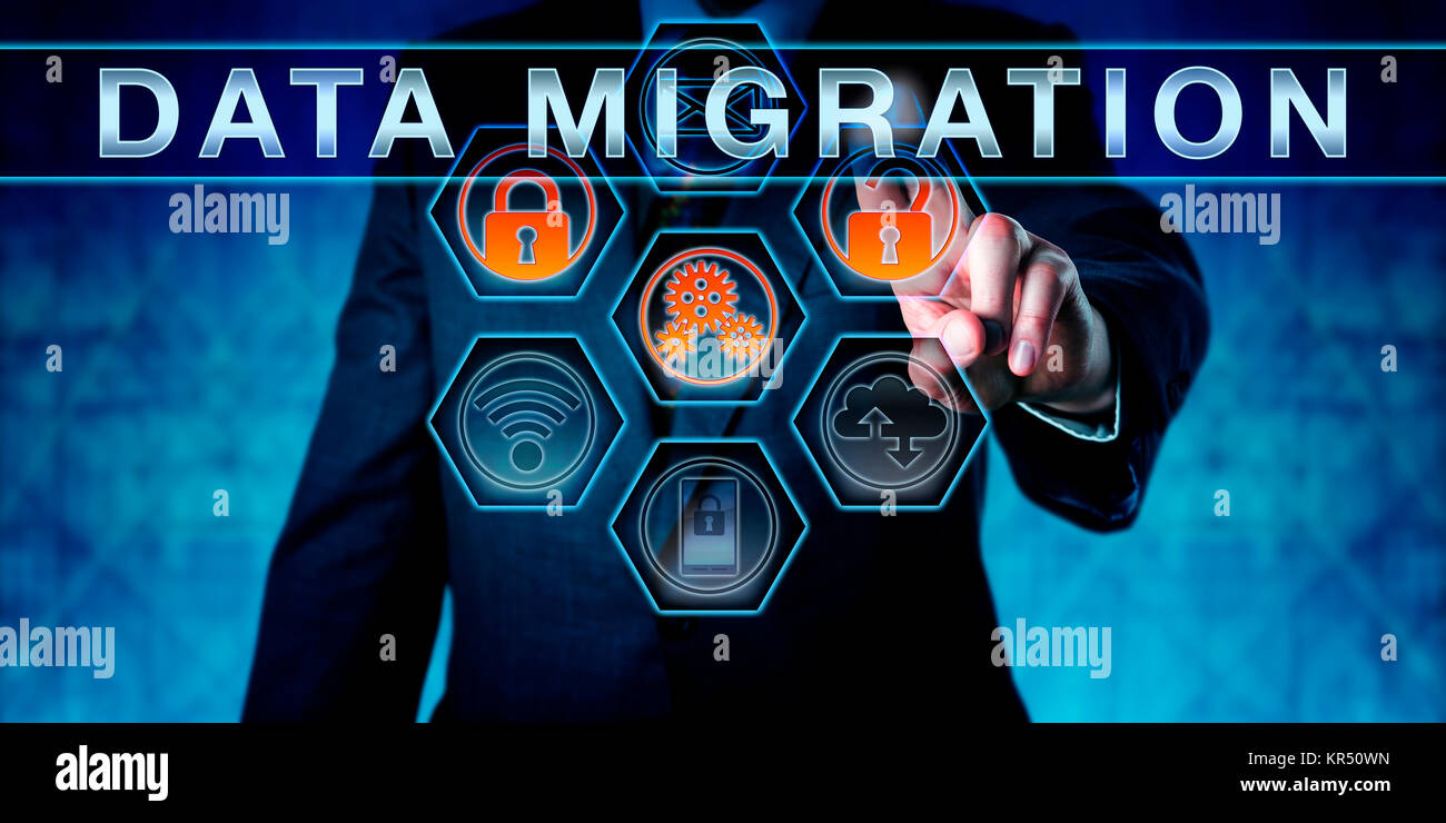 Male Corporate Manager Pushing DATA MIGRATION Stock Photo - Alamy