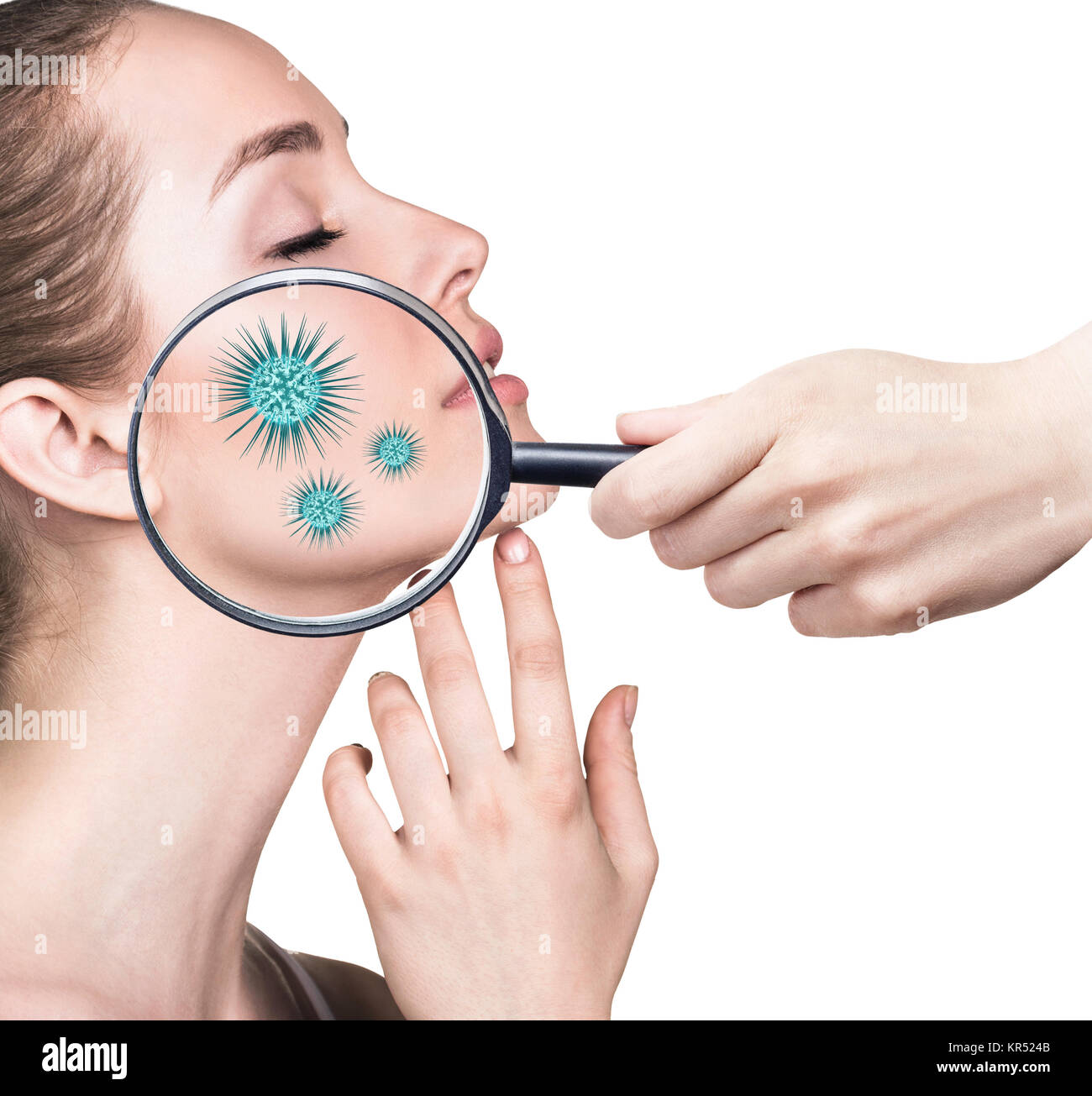 Magnifying glass with microbes on female face Stock Photo - Alamy