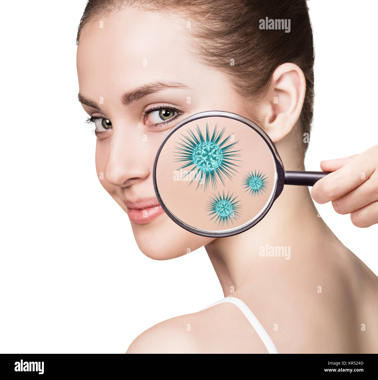 Magnifying glass with microbes on female face Stock Photo - Alamy