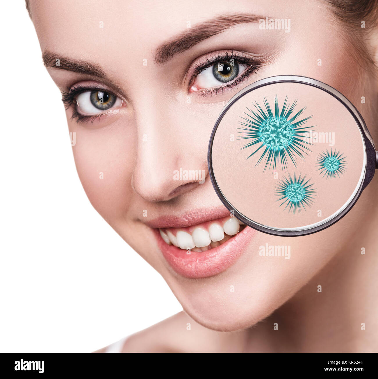 Magnifying glass with microbes on female face Stock Photo - Alamy