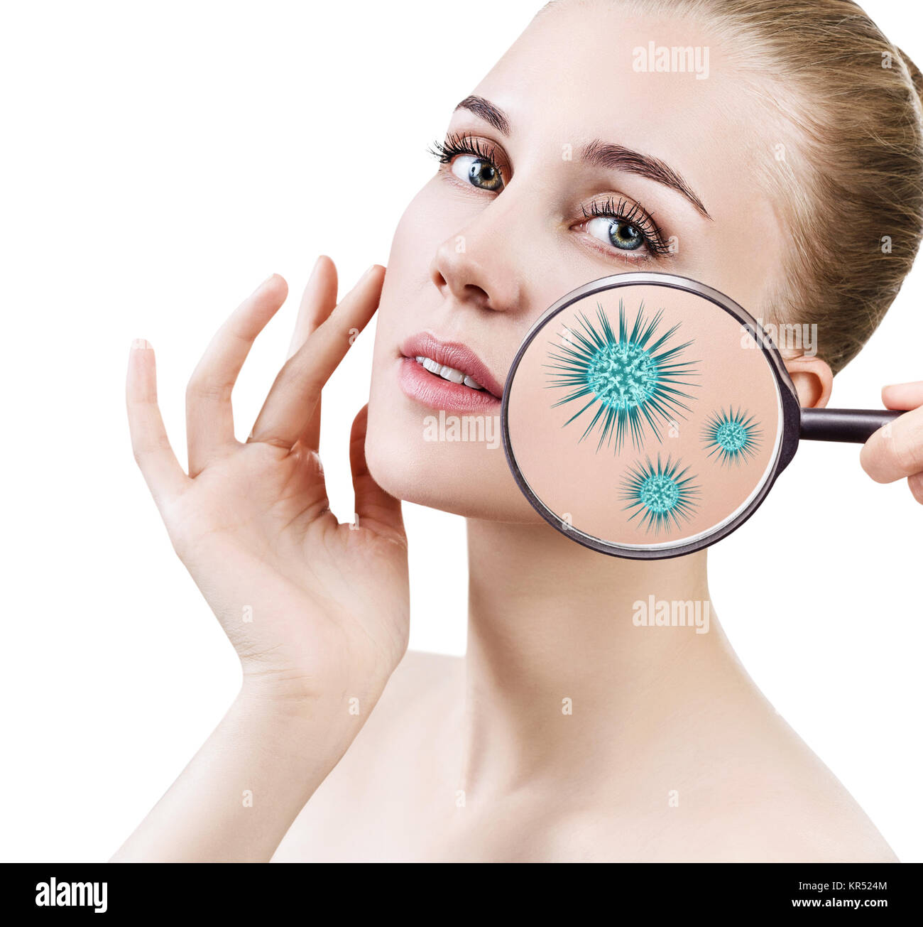Magnifying glass with microbes on female face Stock Photo - Alamy
