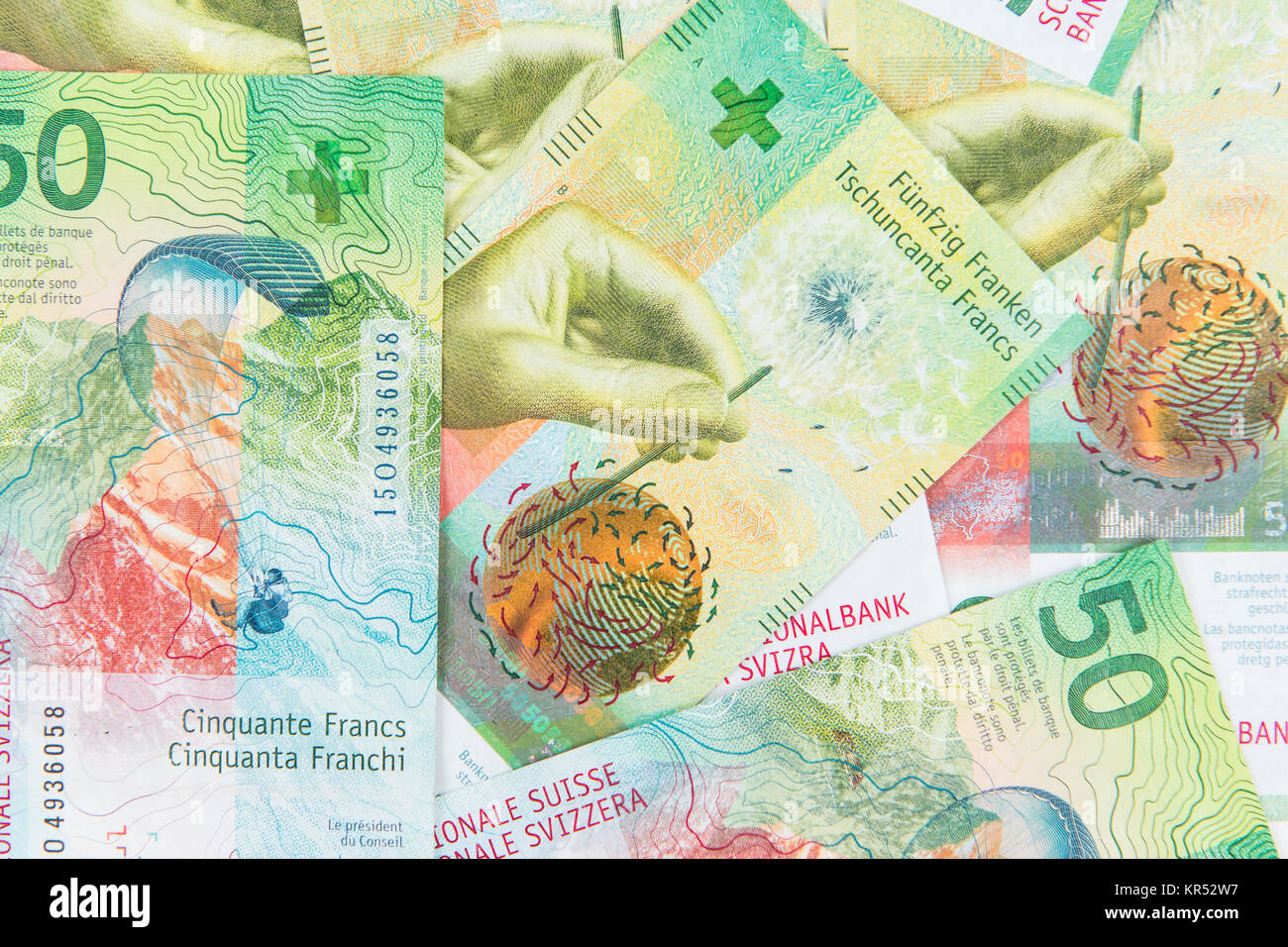 New fifty Swiss Franc banknote as background or wallpaper. 50 CHF notes ...