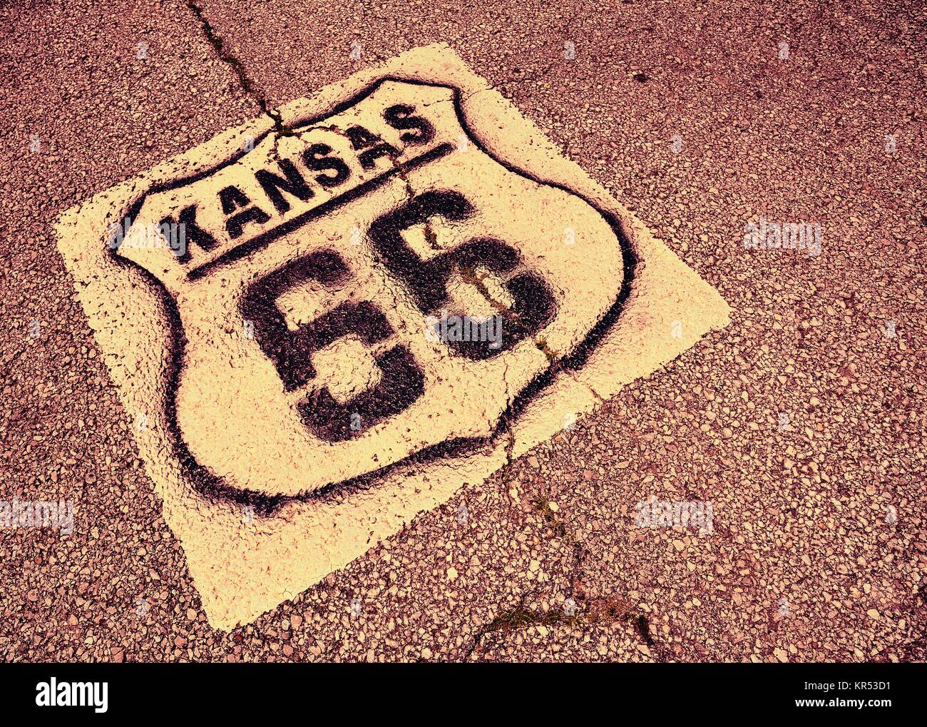 Historic Route 66 marker in Kansas on asphalt Stock Photo - Alamy