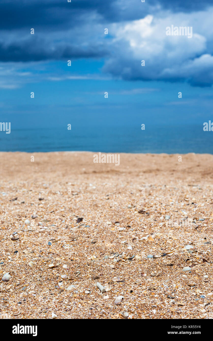 shelly and sand beach close up and rain clouds Stock Photo - Alamy