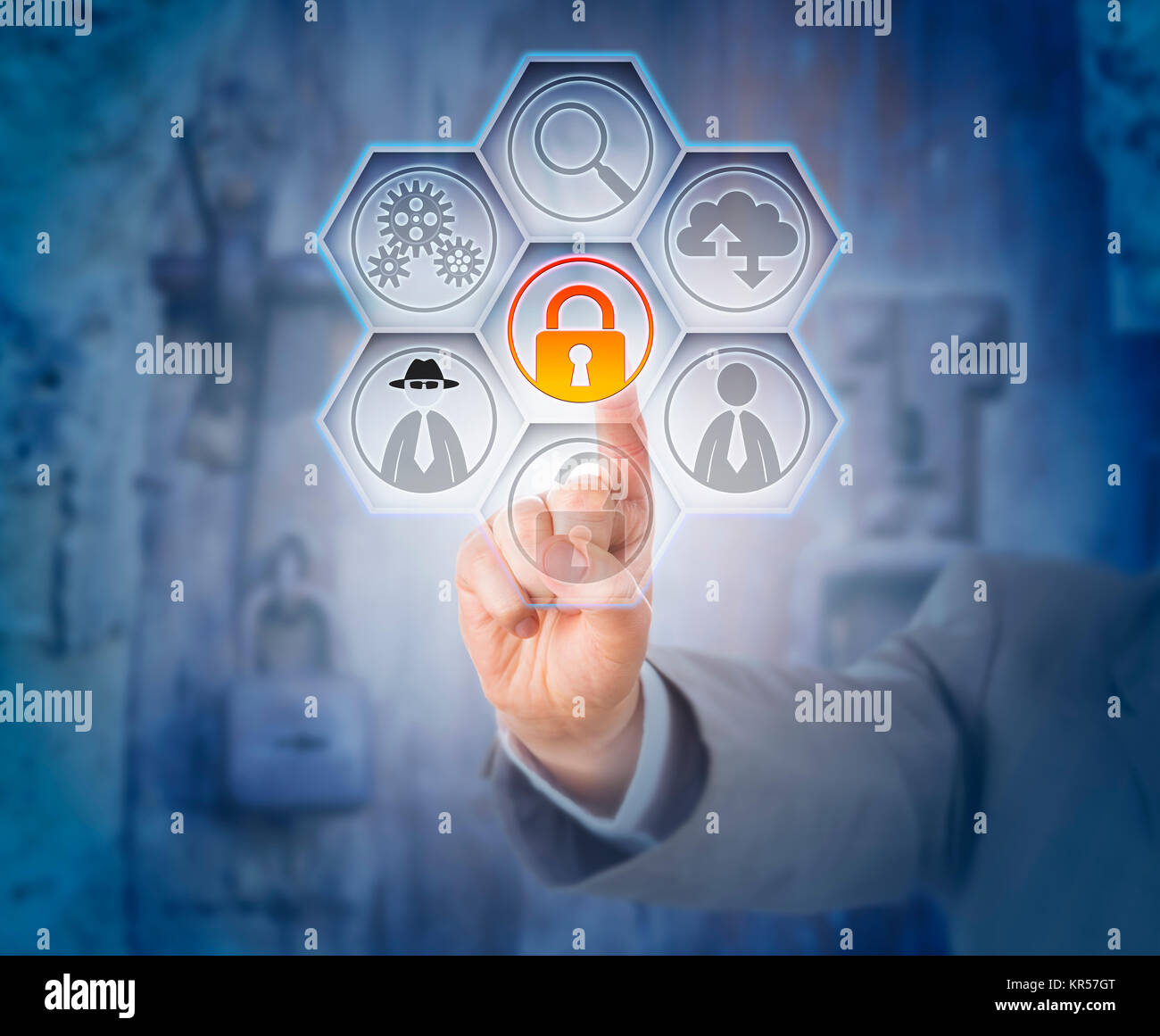 Hand Touching Closed Padlock For Fraud Prevention Stock Photo - Alamy