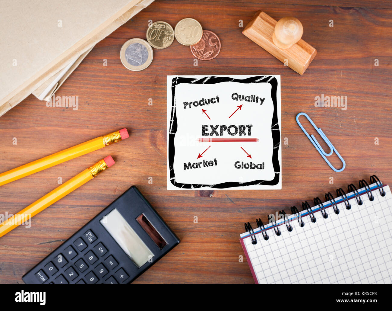 export concept. Office desk with stationery, chart and communication ...